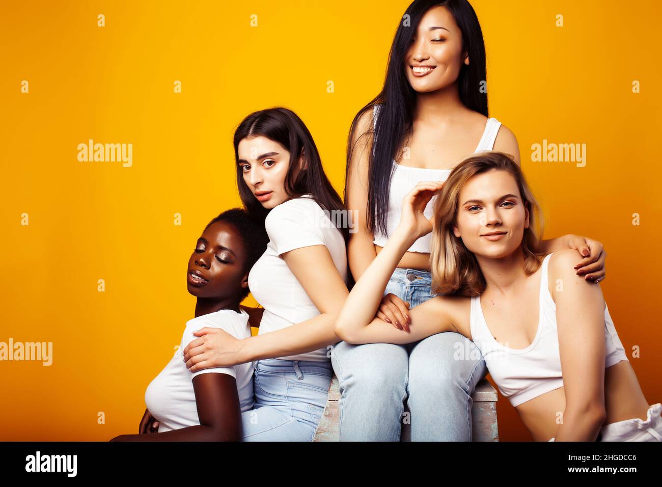 diverse multi nation girls group, teenage friends company cheerful having fun, happy smiling ...