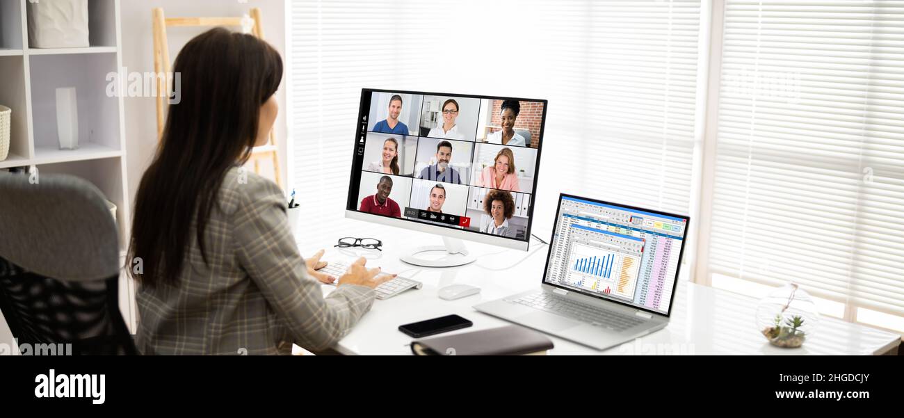 Woman Video Conference Business Call On Computer Screen Stock Photo - Alamy