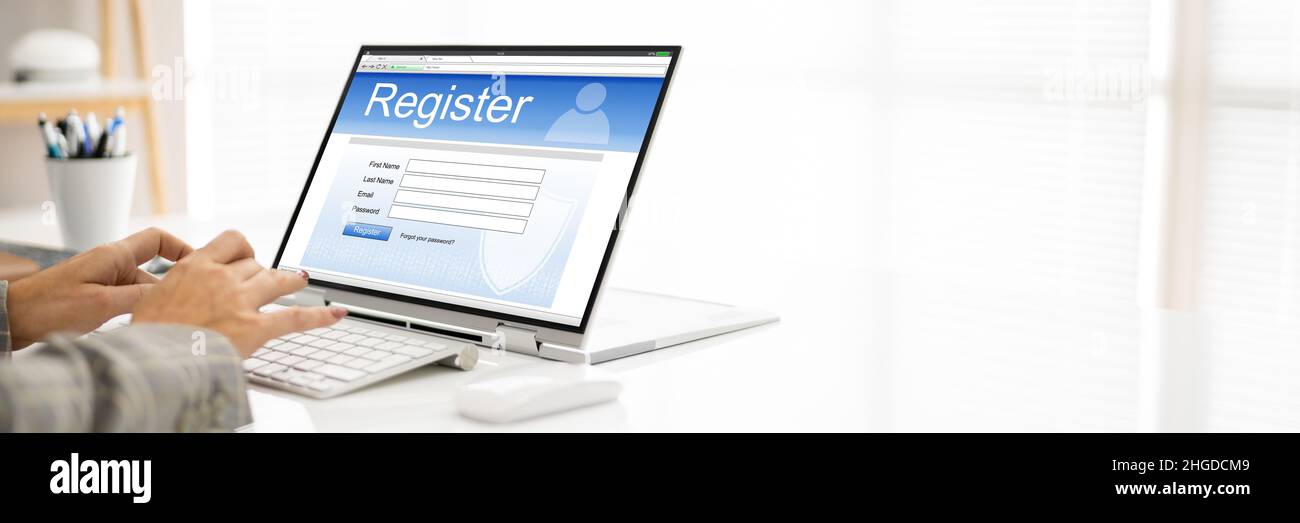 Online Web Registration Form On Website Using Laptop Stock Photo - Alamy