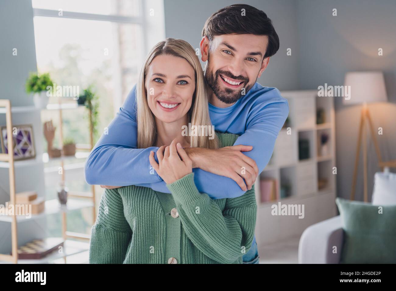 Portrait of two attractive cheerful careful people bonding enjoying ...
