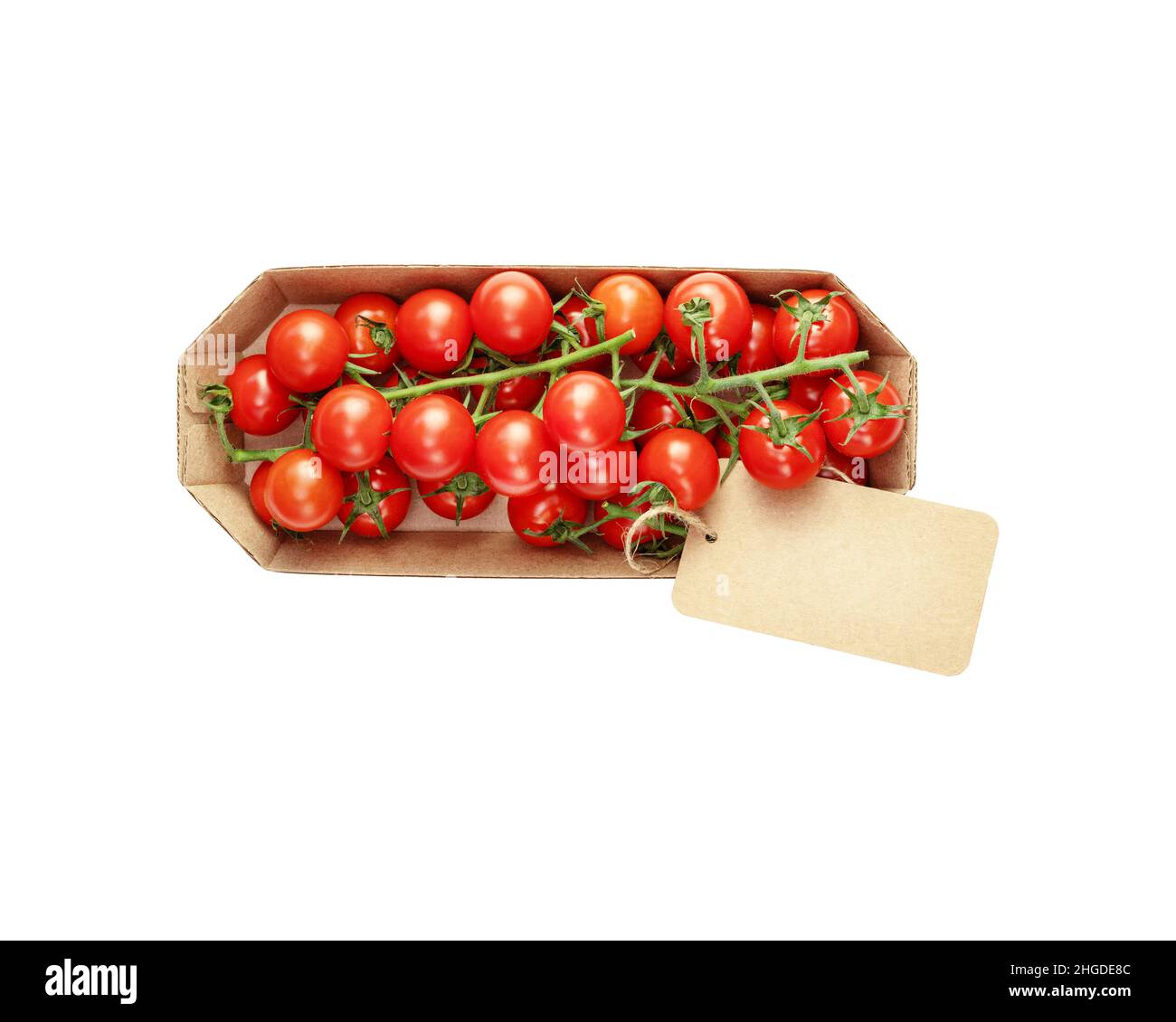 Isolated organic cherry tomatoes in an eco friendly craft package with ...