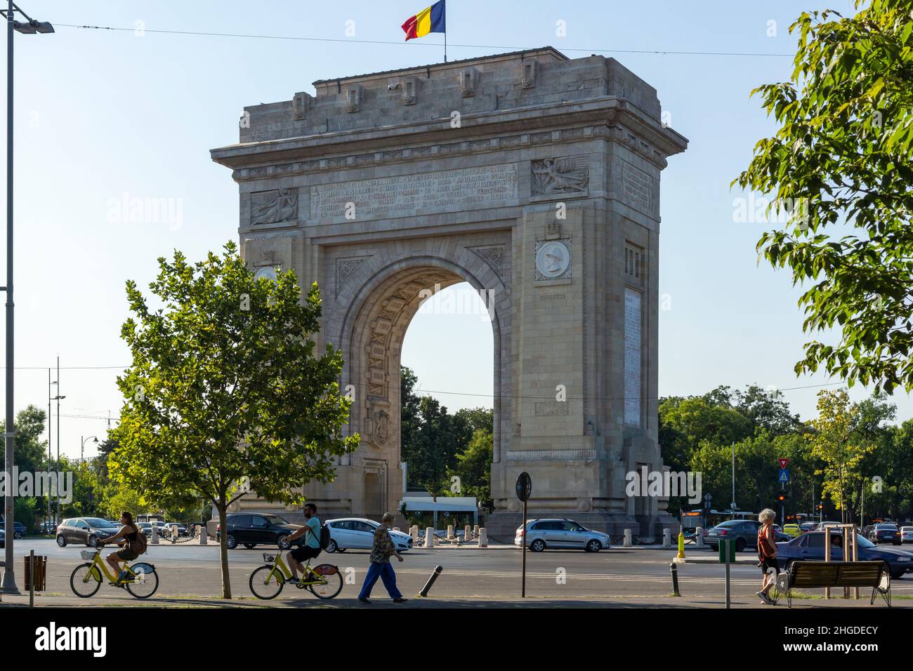 BUCHAREST, ROMANIA - AUGUST 17, 2021: Sunset view of Arch of Triumph in ...