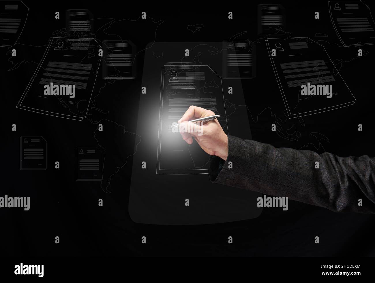 male hand holds a pen and documents on a virtual screen, remote signing ...