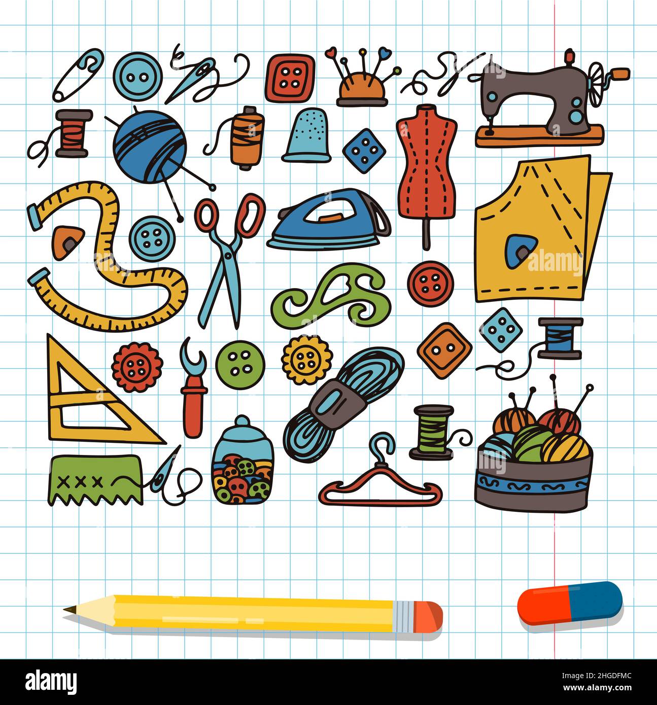 Big vector doodle sewing set. Vector tailoring tools icons. Sewing ...