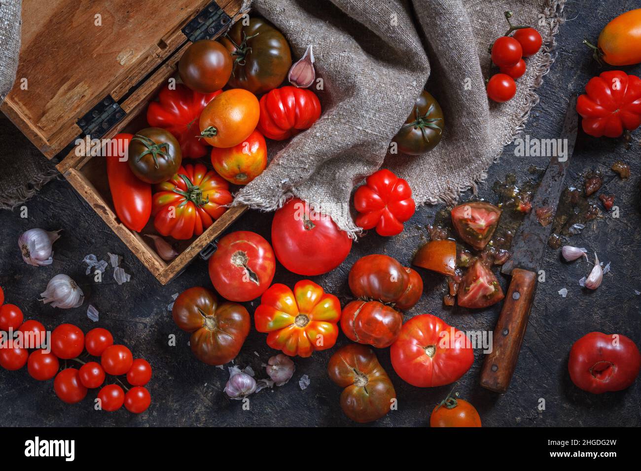 Kitchen still life with retro objects, top view - multi-colored ...