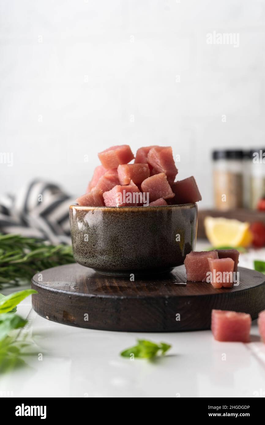 raw tuna fillet cut into cubes . marine predatory fish, family of ...