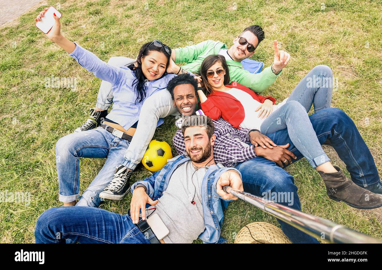 Multiracial Best Friends Taking Selfie At Meadow Picnic Happy