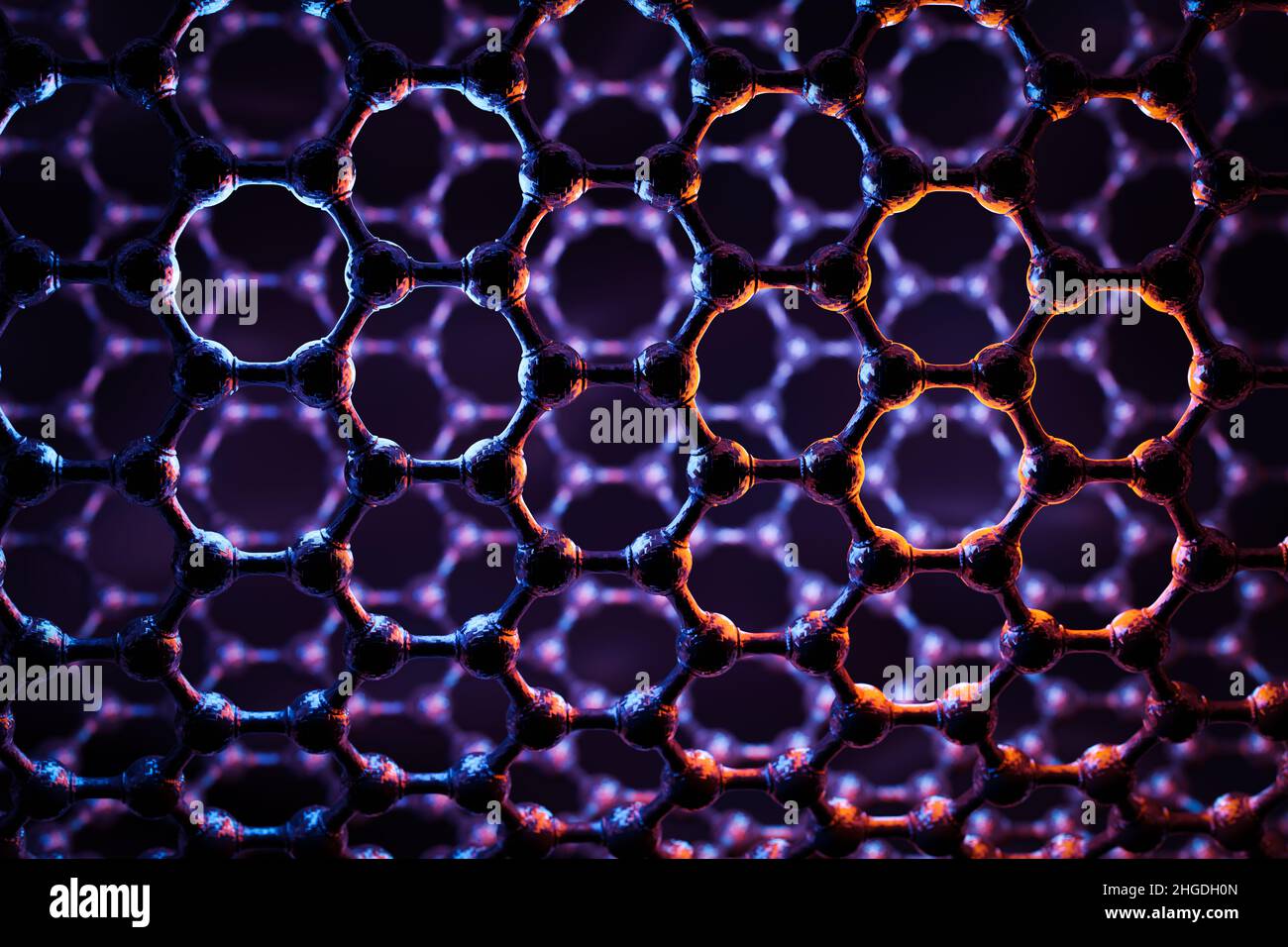 3D Rendering of nanotube structure, purple science background, technology concept, hexagonal ...