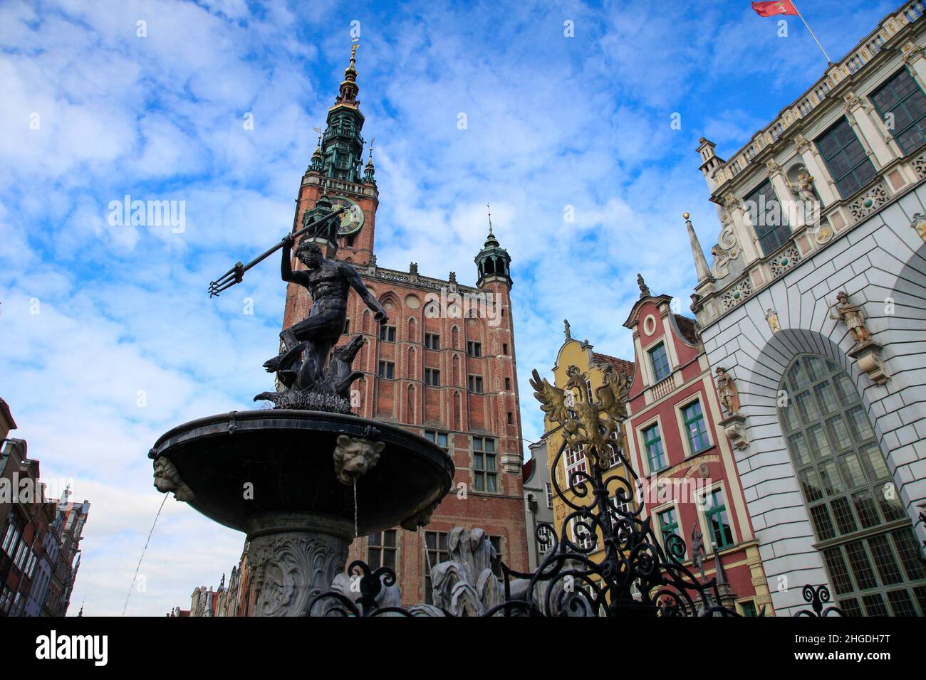 The fountain of Neptune, in front of the old Town Hall Gdansk, Poland ...