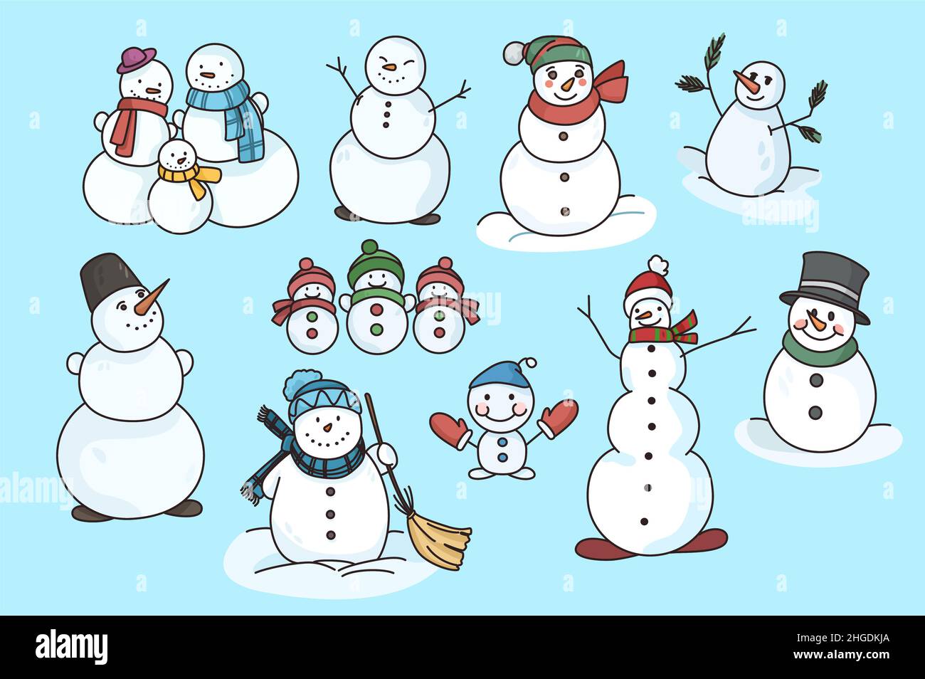 Set of different snowmen in costumes hat and scarf for winter holidays ...