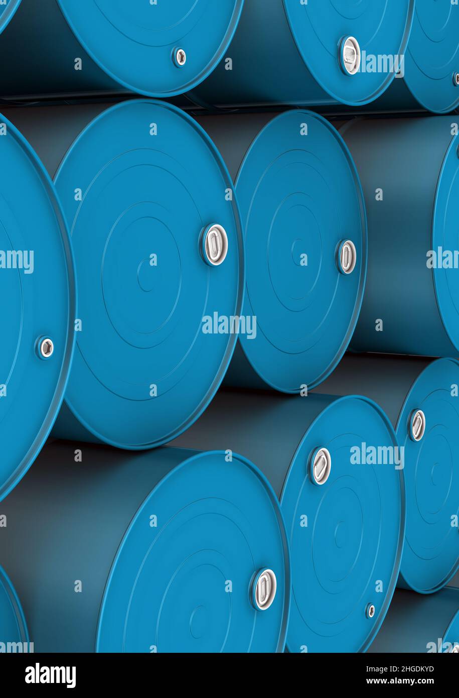 Barrels for technical liquids. A lot of barrels arranged in a row ...