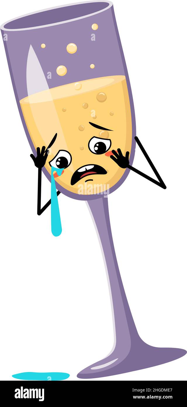Glasses of sparkling wine character with crying and tears emotion, sad ...
