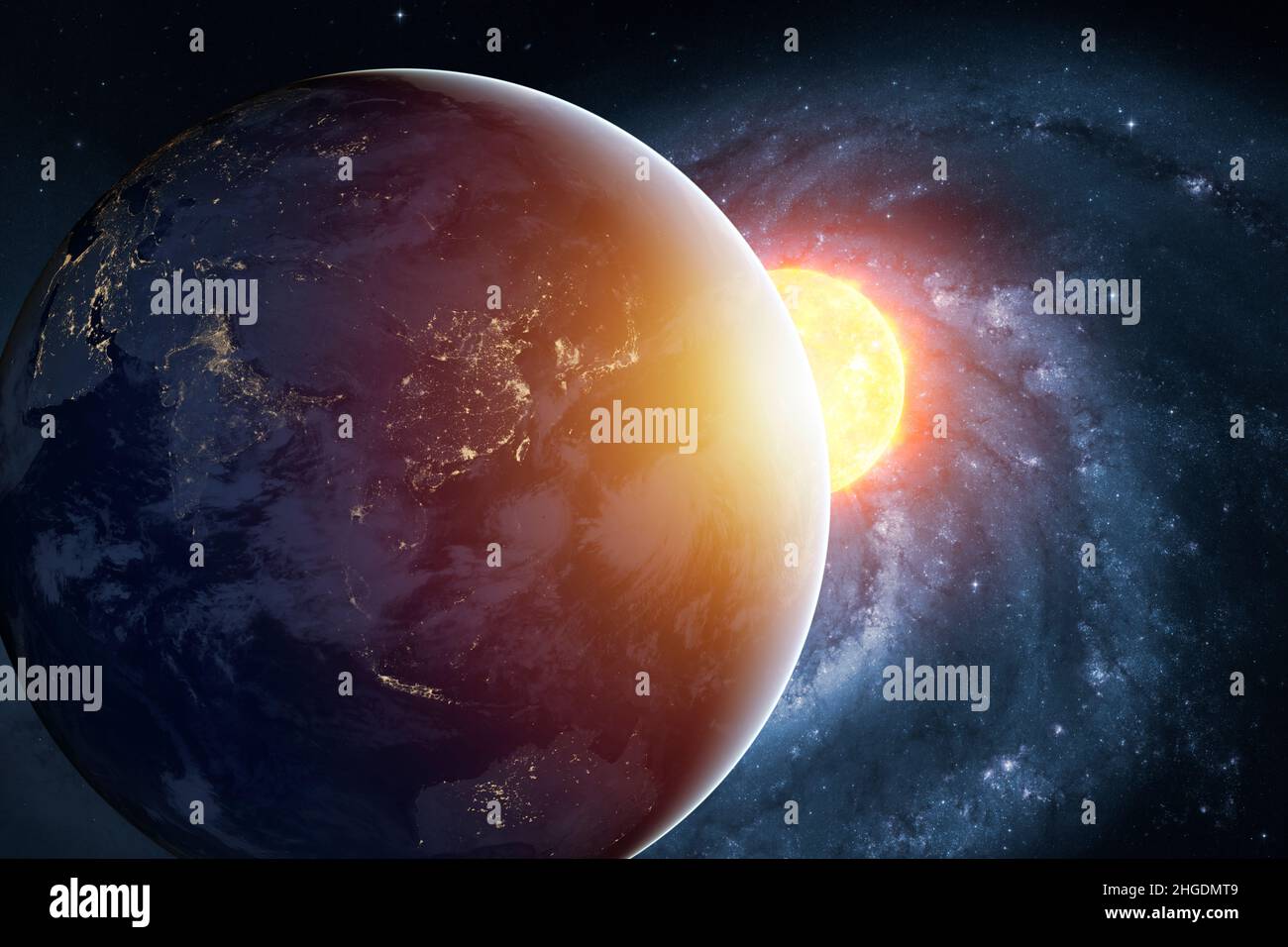 Planet earth planet in deep space against blue nebula and glowing hot ...