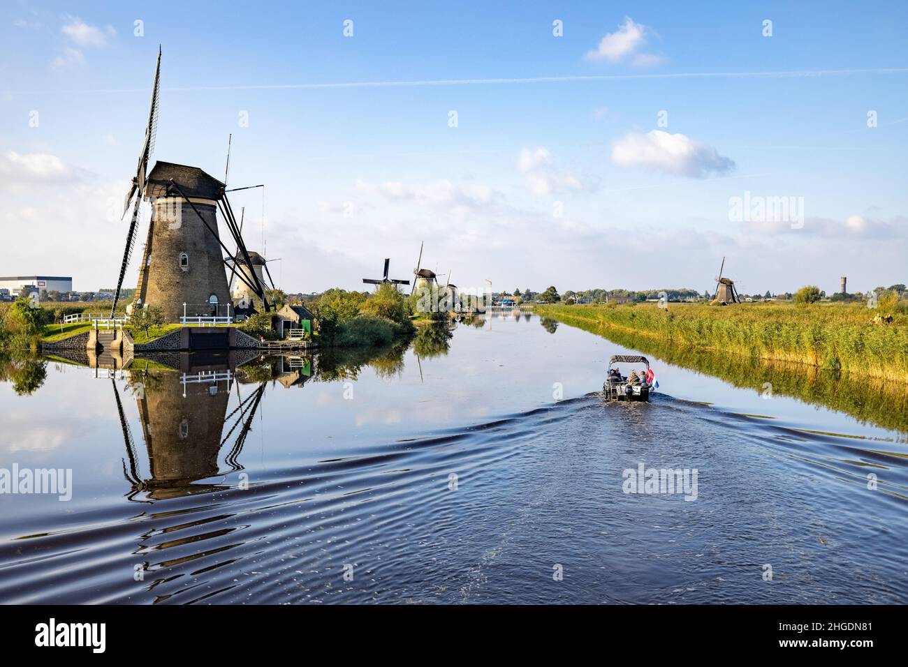 Horizontal picture of the famous Dutch windmills at Kinderdijk, a UNESCO world heritage site. On ...