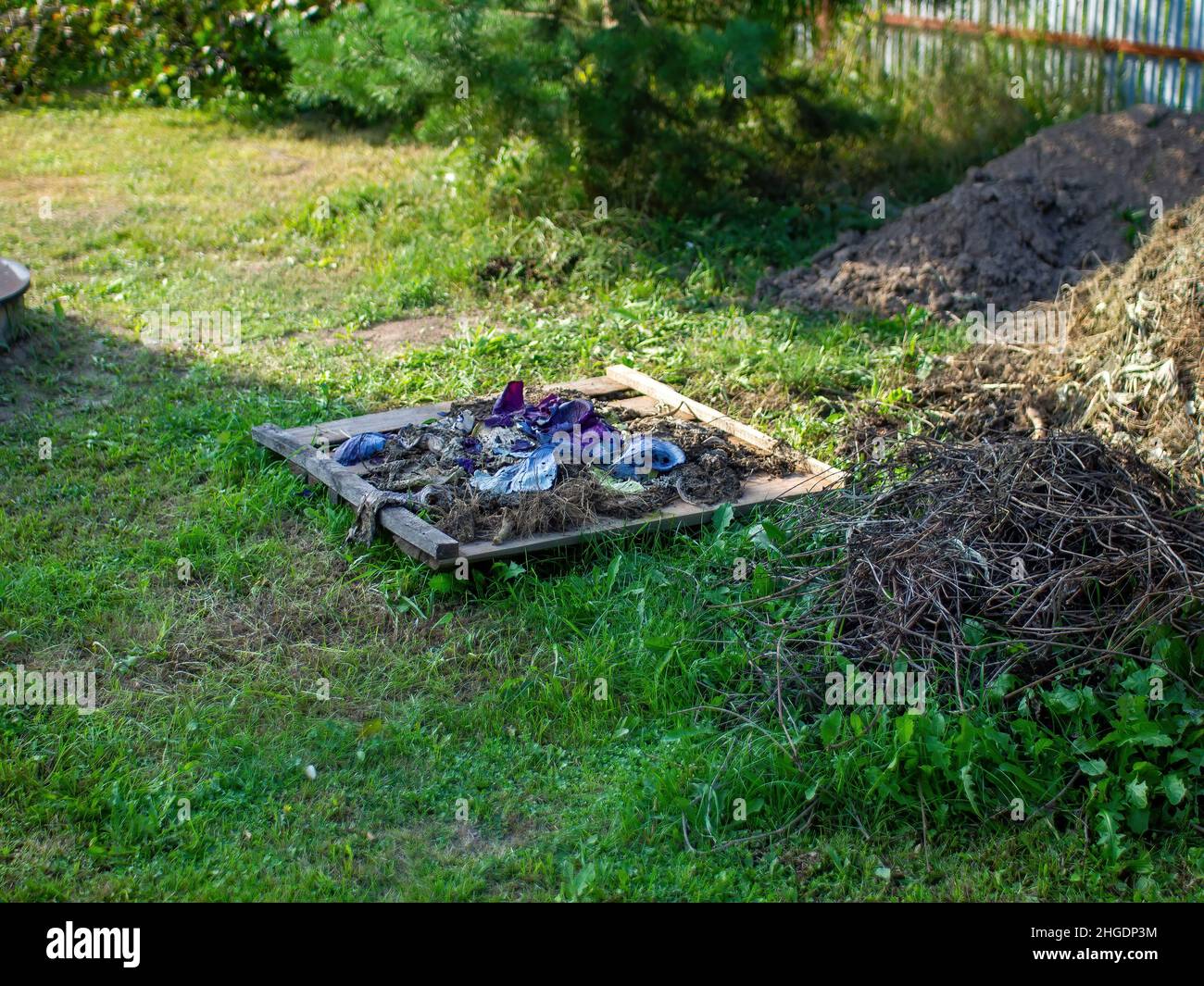 a pile of garbage from old plants in the garden Stock Photo - Alamy