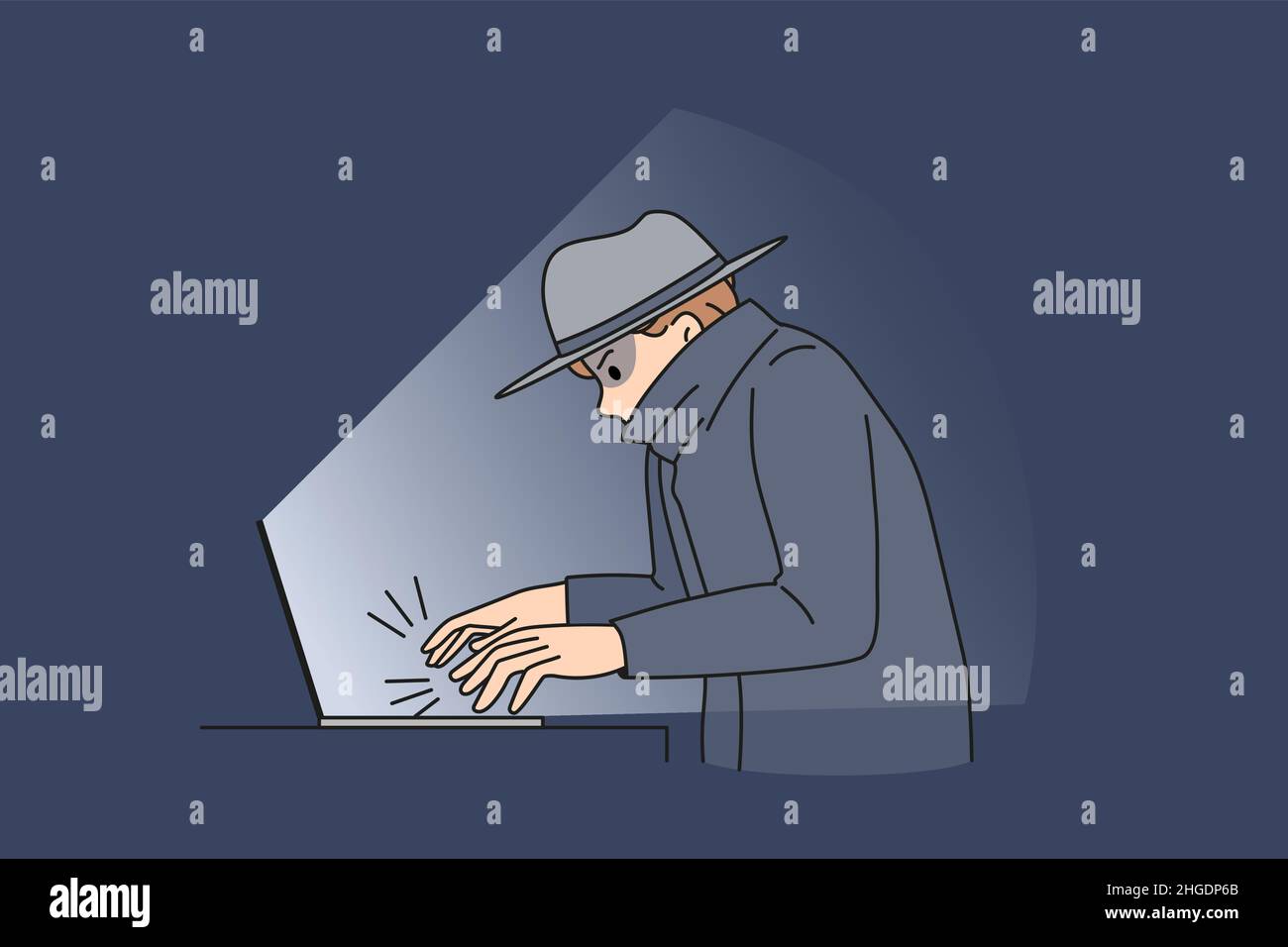 Online crime and fraud concept. Young man fraud thief sitting at laptop ...