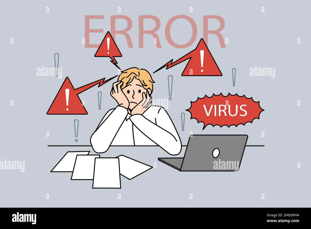 Virus and error in laptop concept. Stressed confused worker man sitting ...