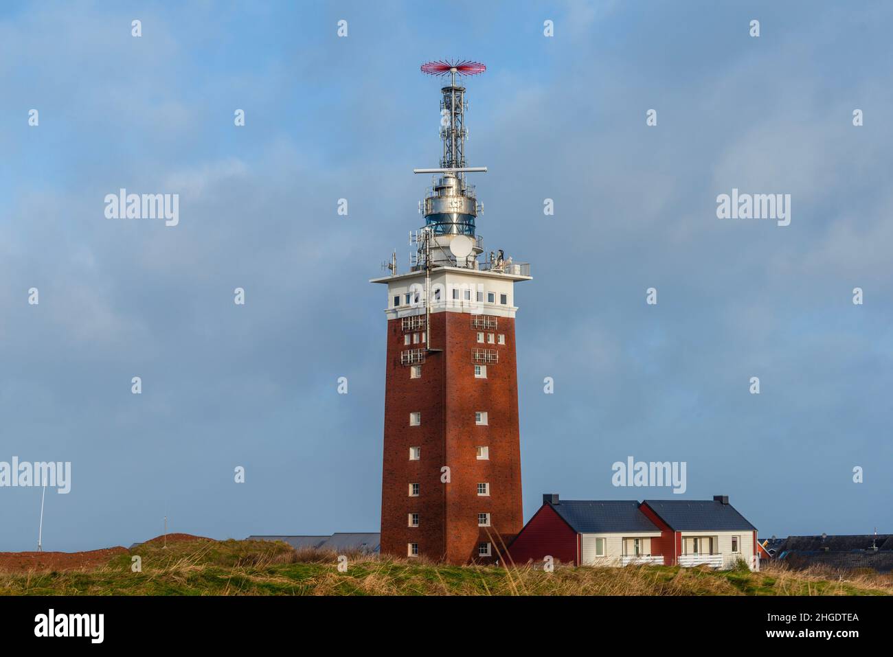 Square brickstone lighthouse on the Oberland Upper Land with a radar ...