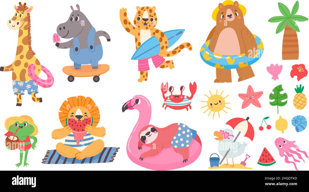 Cute summer tropical animals travel, surf and skateboard. Giraffe with ...