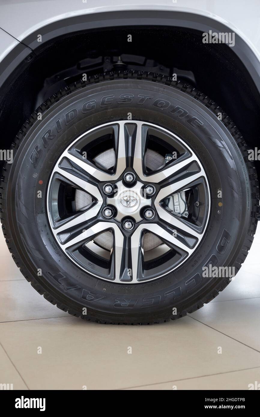 Russia, Izhevsk - September 30, 2021: Toyota showroom. The wheel of ...