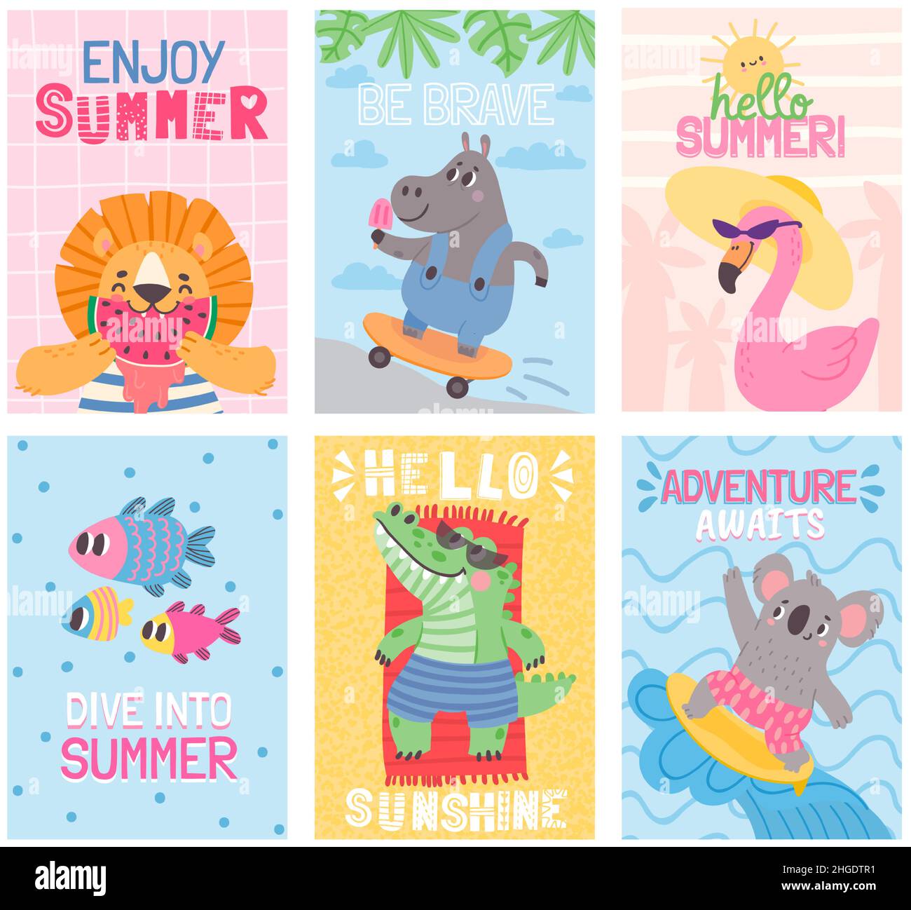 Hello summer cards with cartoon animals on beach vacation. Cute ...