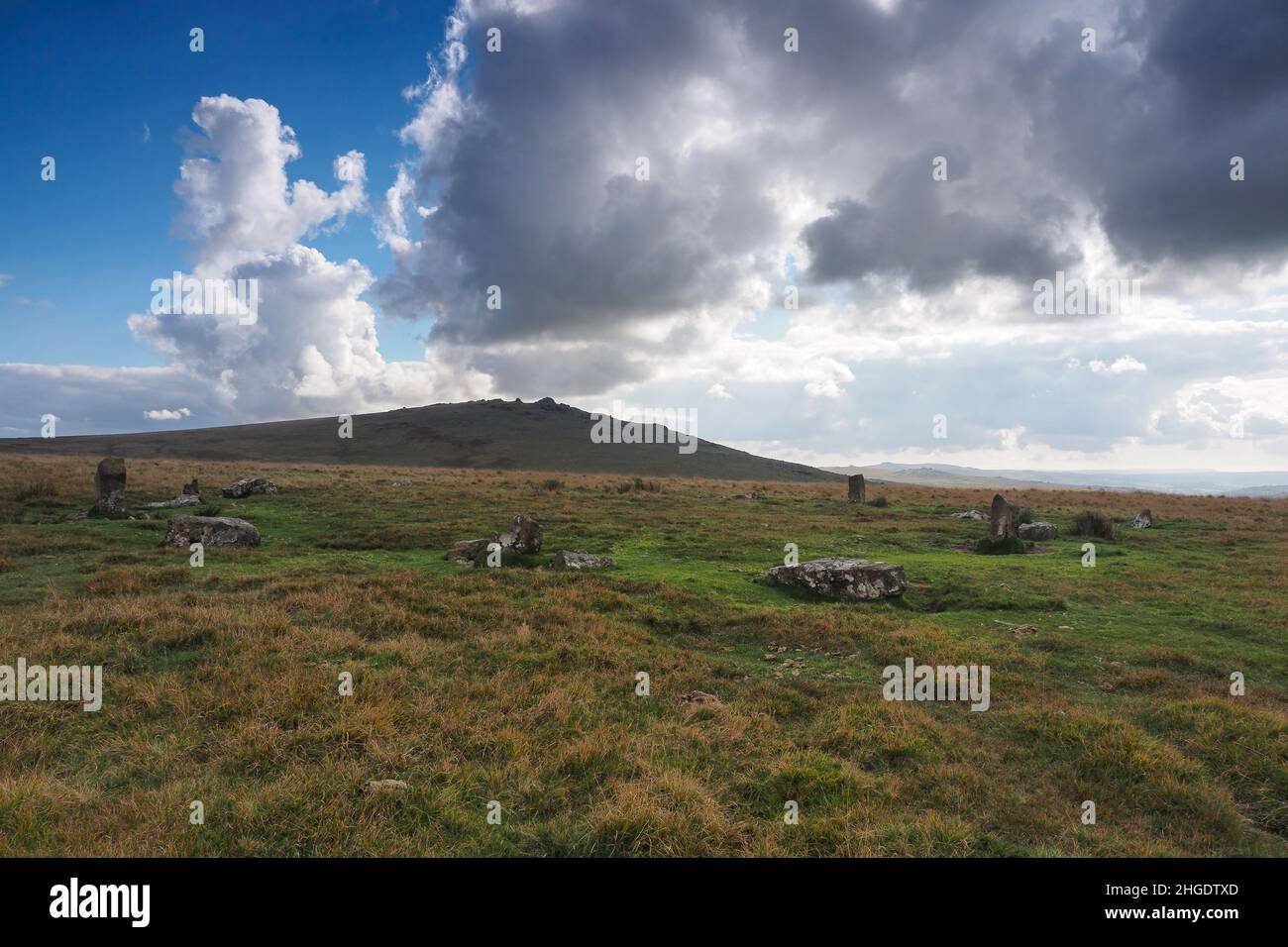 Ancient stone circle under Great Mis Tor, Dartmoor National Park, Devon ...