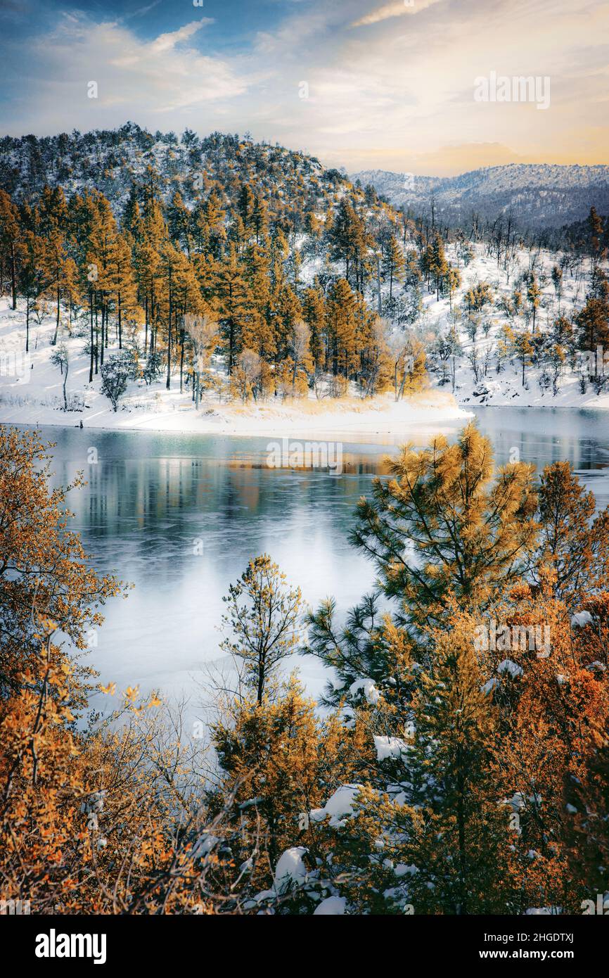 Lynx Lake is glassed over with ice as winter has a hold of the Bradshaw ...