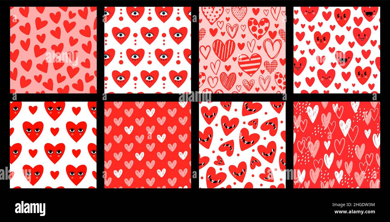 Sketch and cartoon hearts with faces, valentine day seamless patterns ...