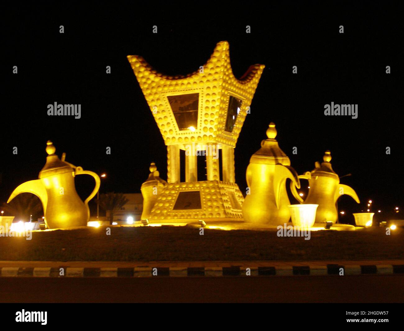 A square with big art pieces of Saudi traditional censor and coffee ...