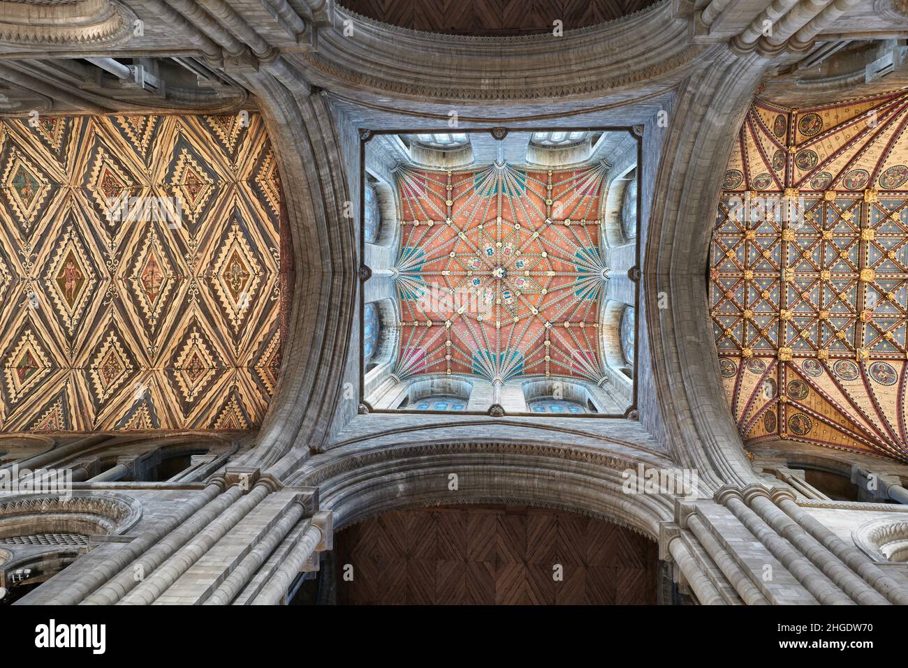 The painted wooden ceiling under the central tower in the medieval ...