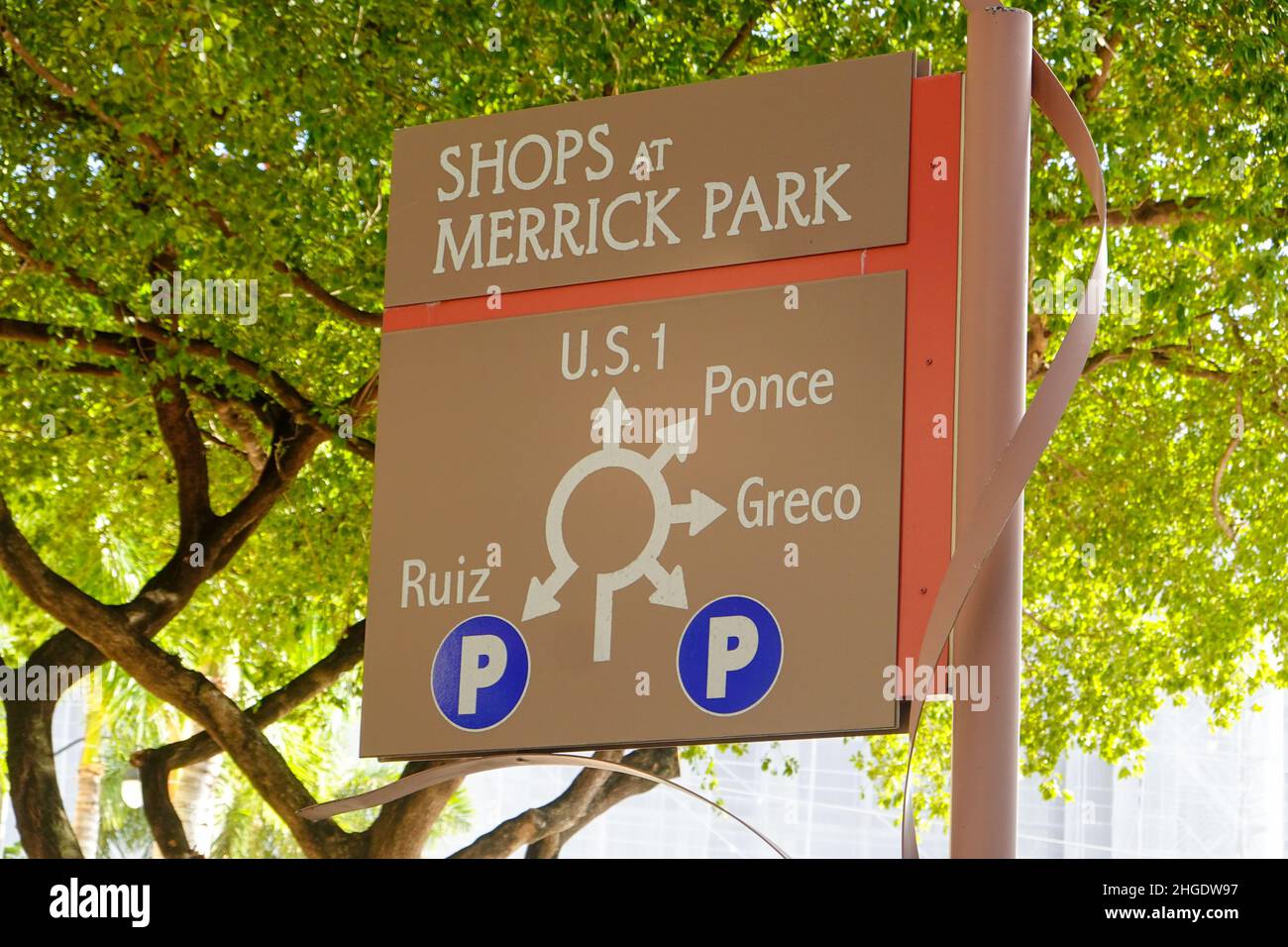 Directional sign outside the Shops at Merrick Park, an upscale, luxury ...