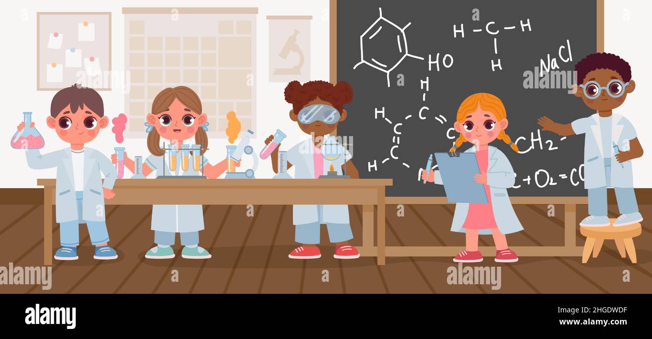School kids in science laboratory classroom do chemical test. Students ...