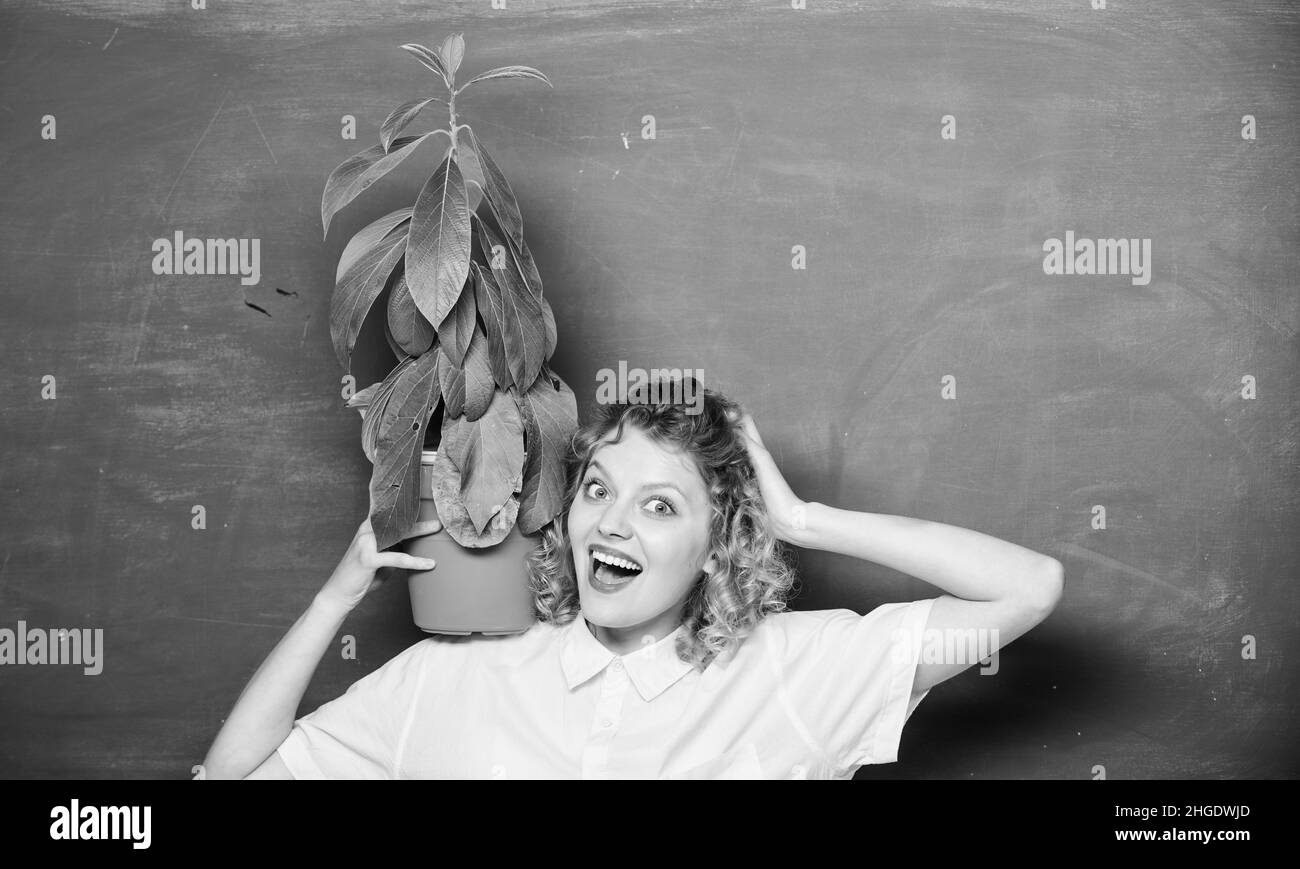 happy student girl with plant at blackboard. tree of knowledge. school ...