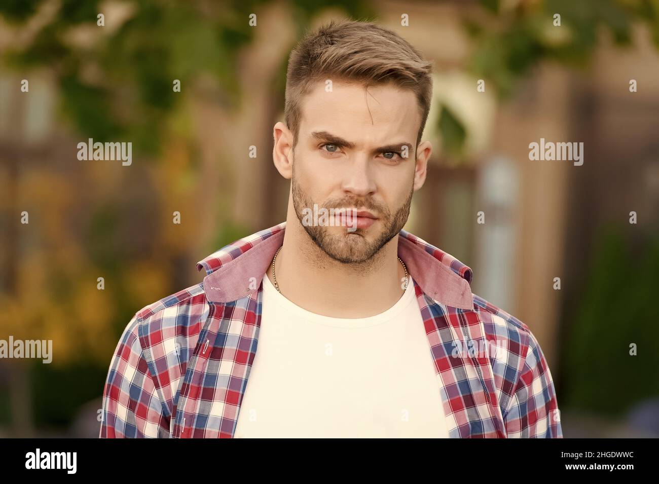 His facial skin is always groomed. Handsome man with unshaven face ...