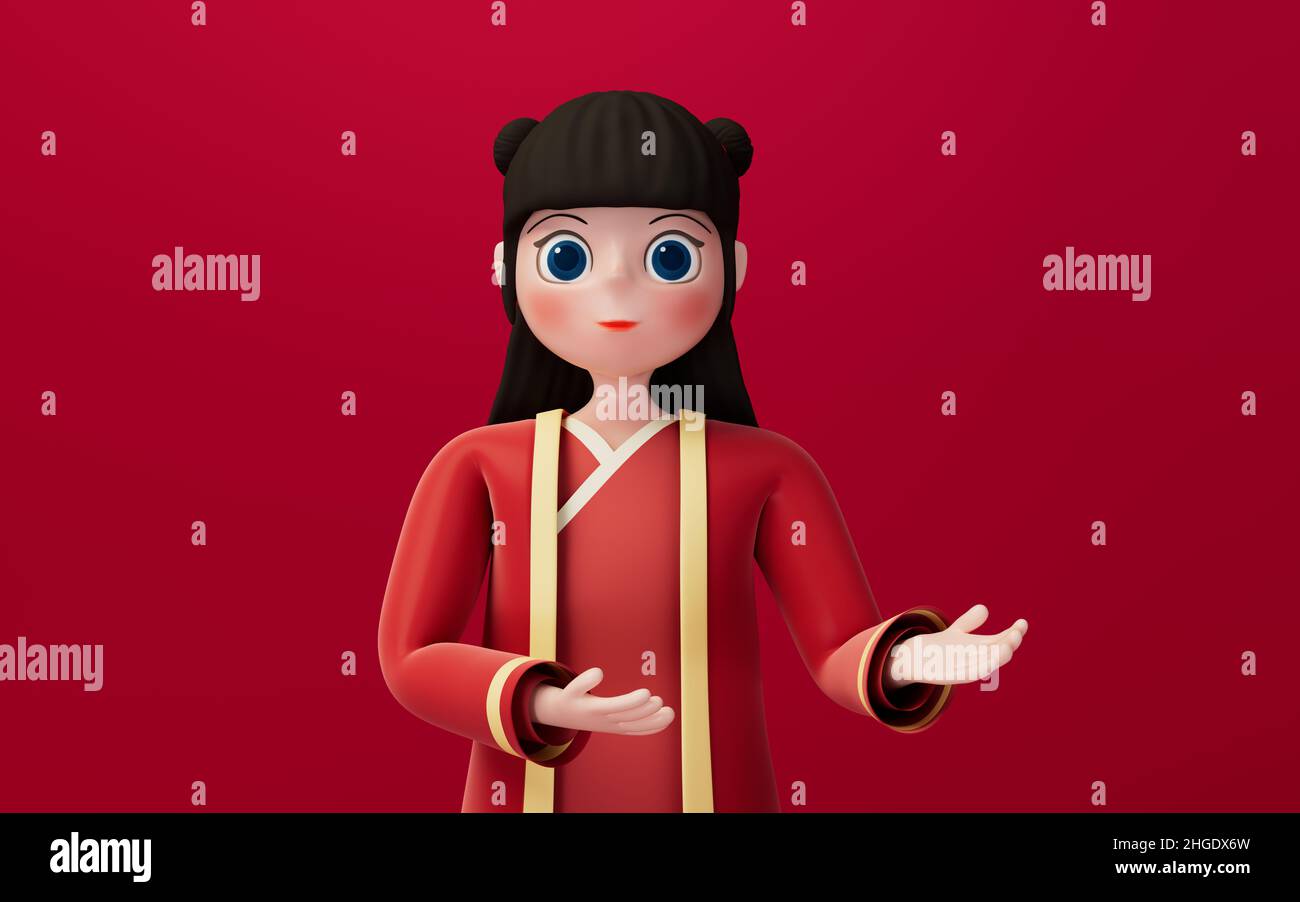 A Chinese girl with red background, cartoon character, 3d rendering ...