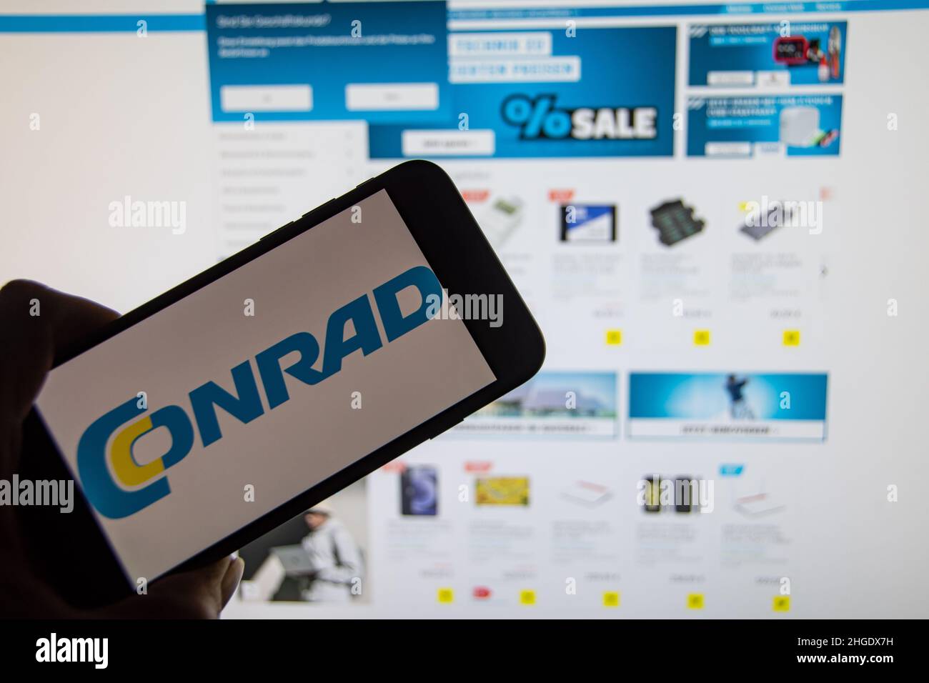 Rheinbach, Germany 18 January 2022, The brand logo of electronics retailer "Conrad Electronic ...