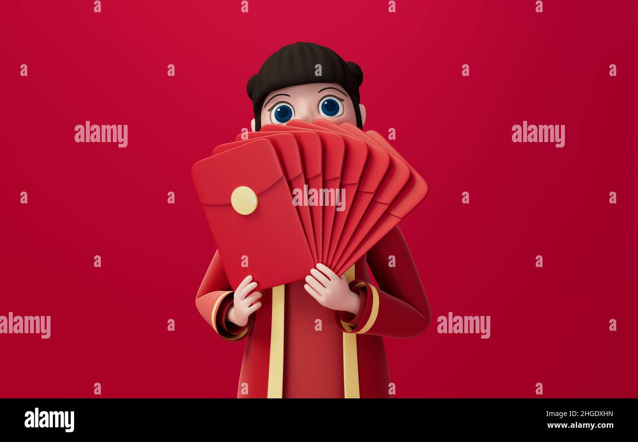 A girl holding red packages with red background, 3d rendering. Computer ...