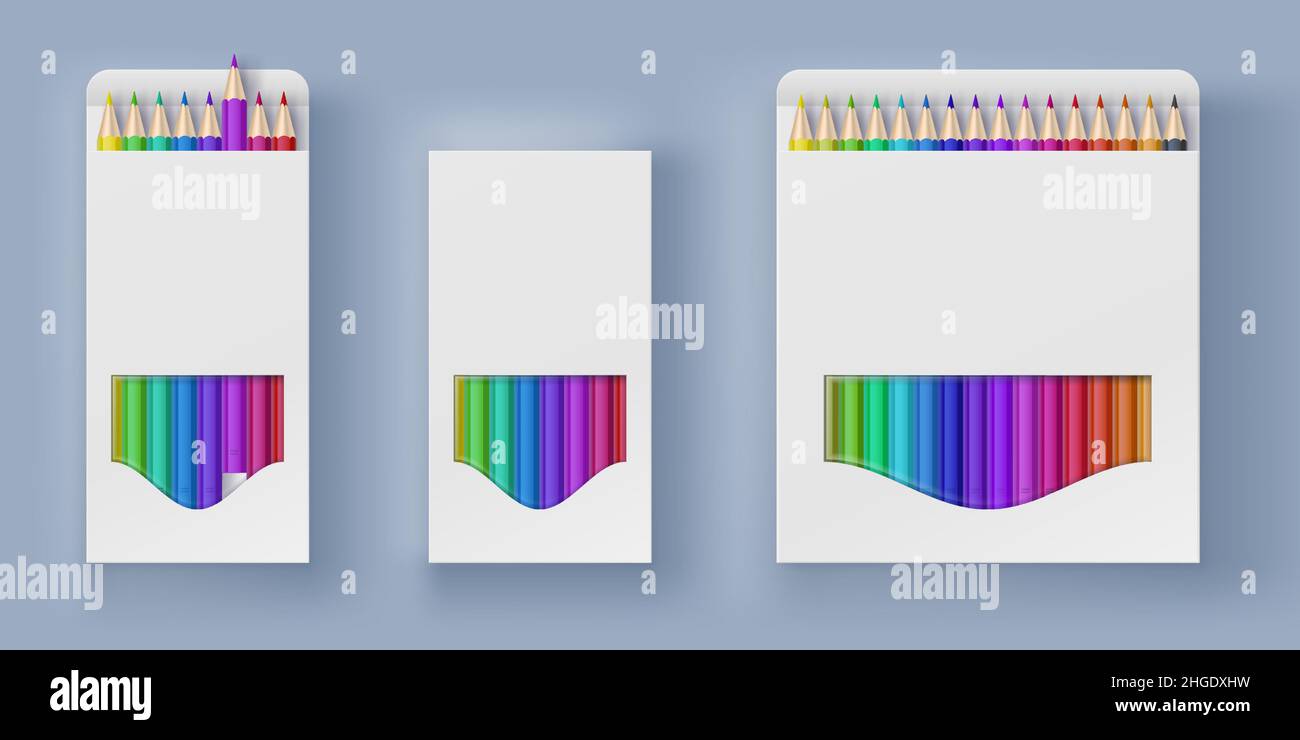 Packaging carton box mockup with colored pencils for drawing. Realistic ...