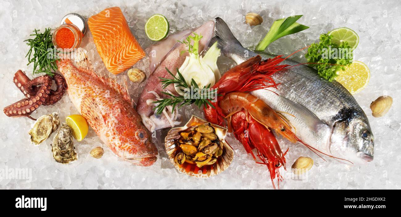 Fish and Sea Food on Ice with Sea Weed, Caviar, Mussels, Oysters and ...