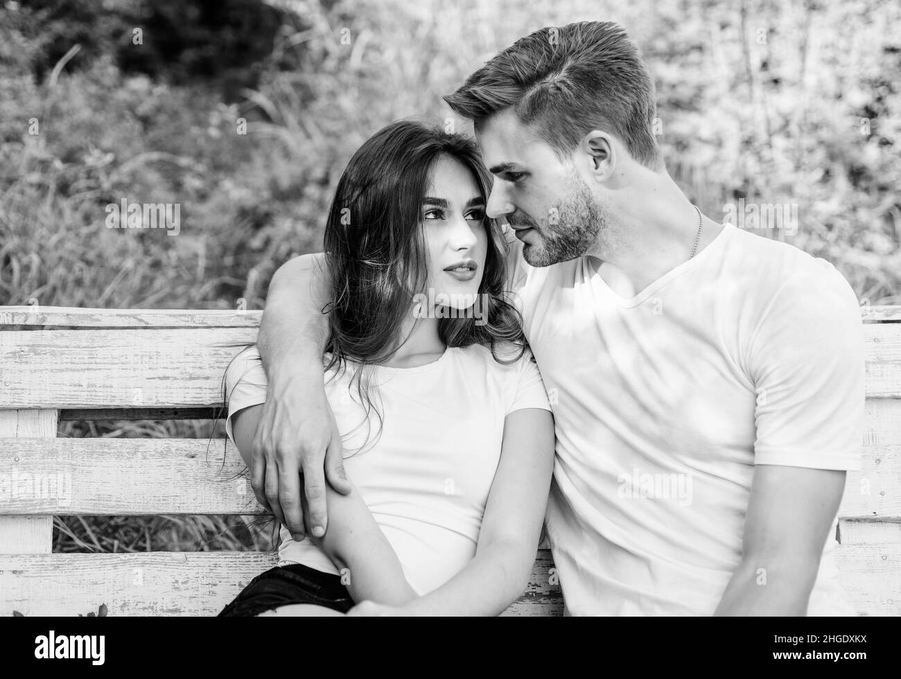 family rancho weekend. romantic date. couple relax outdoor on bench ...