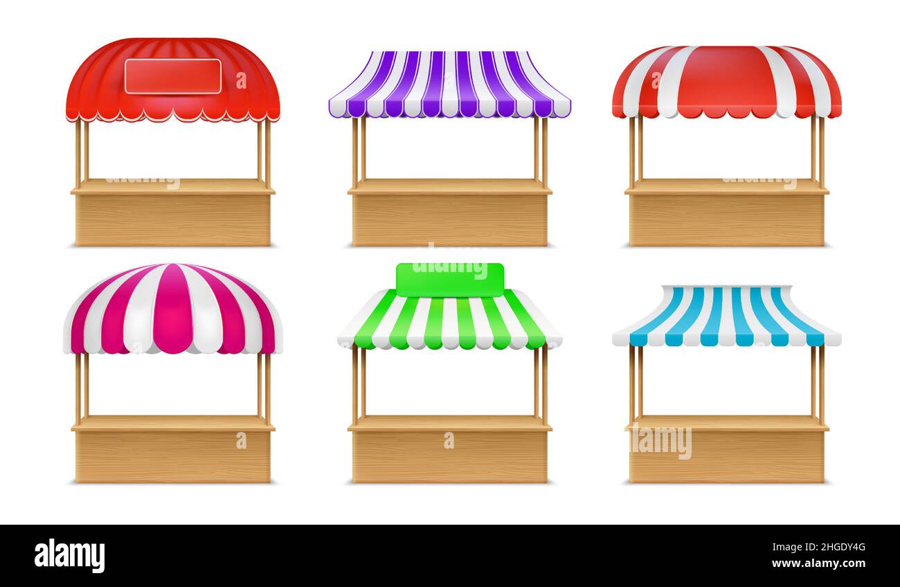 Realistic empty wood market booth with striped awning. Wooden street ...