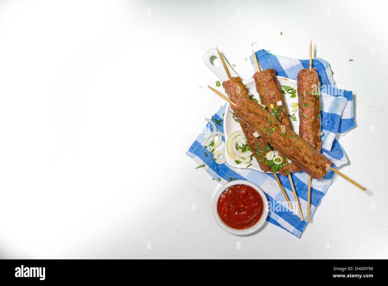 Lula kebab, shish kebab on wood skewer with minced beef, grill and bbq ...