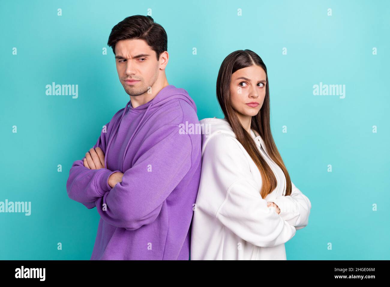 Back-to-back photo of young couple have misunderstanding problem in ...