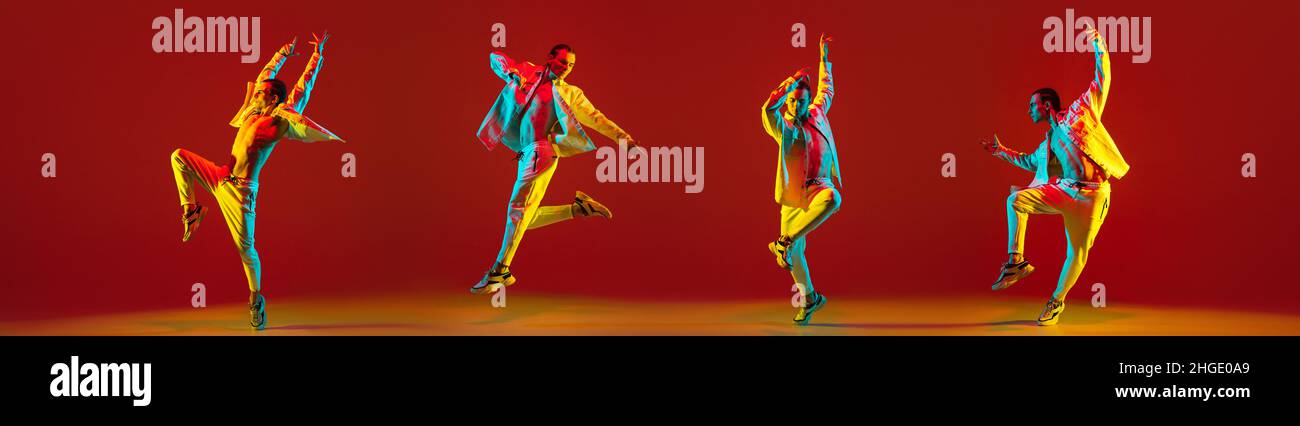 Collage. Full-length portraits of young boy in motion, dancing contemp ...