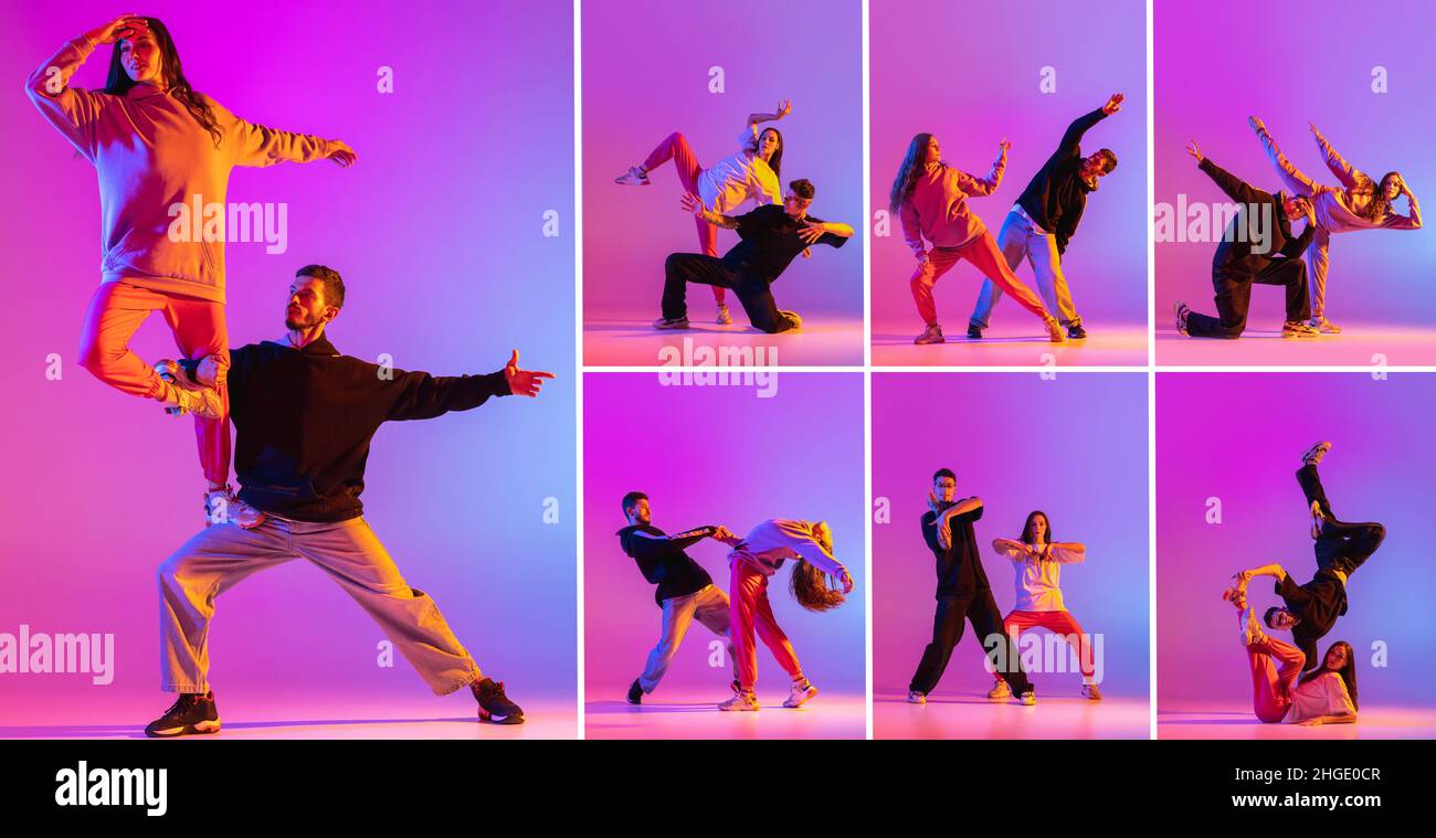 Collage of young couple, dancing contemporary dance on gradient pink ...