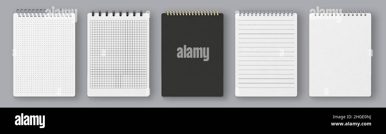 Realistic notebook cover mockup and paper pages with lines and grid ...