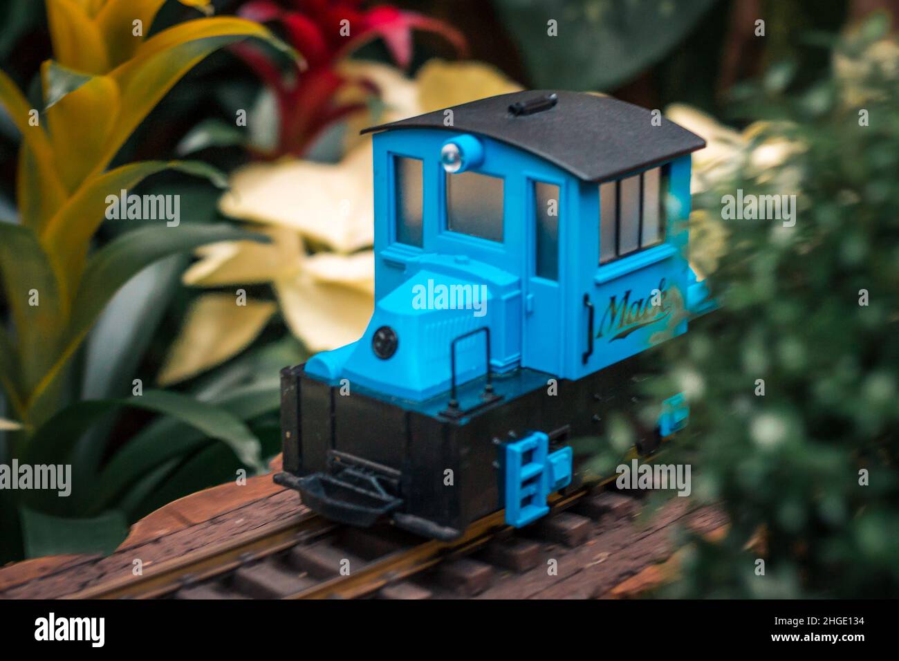 Blue model train running along a track Stock Photo - Alamy