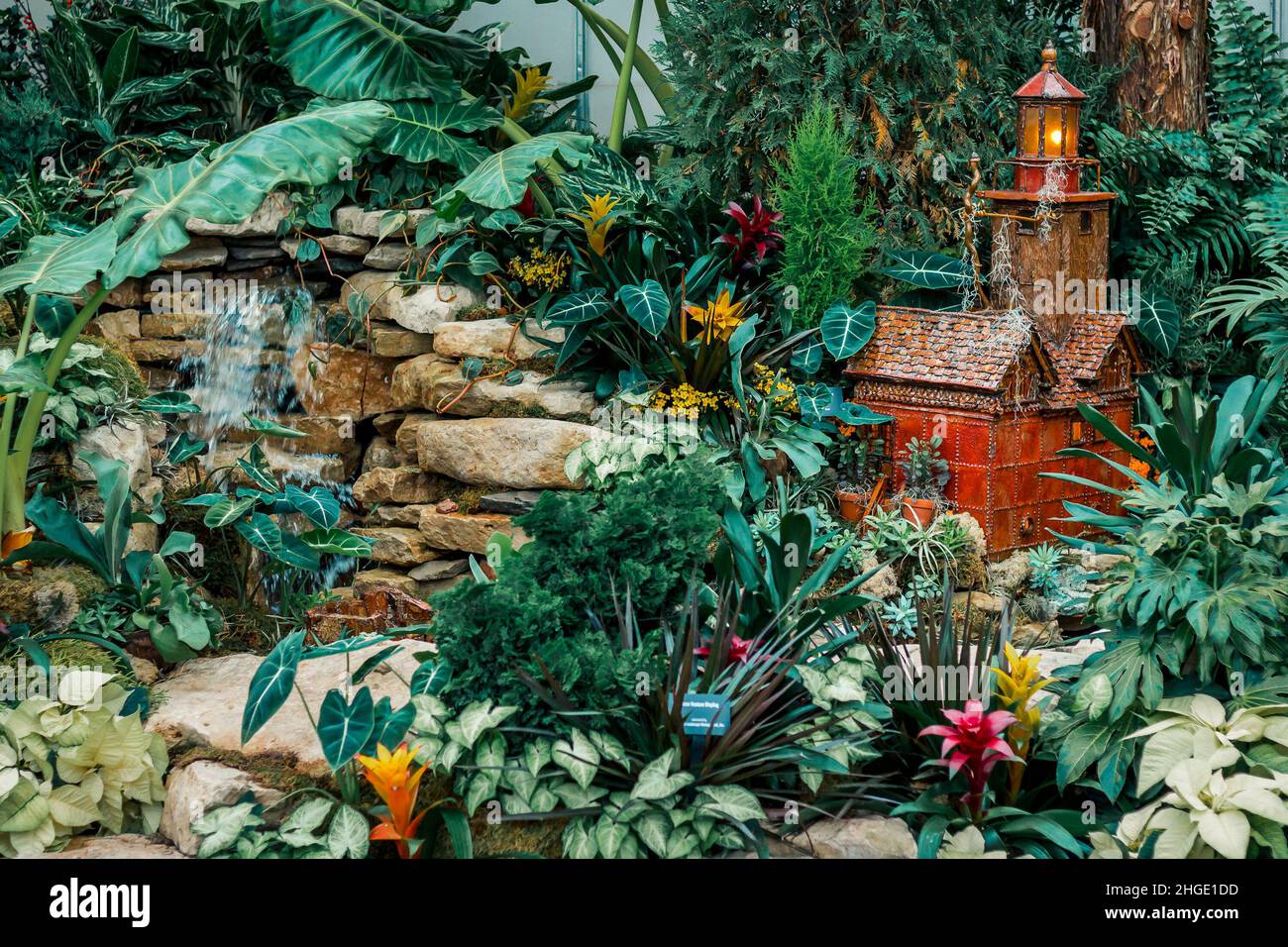 Lighthouse and waterfall models in a holiday train display Stock Photo ...