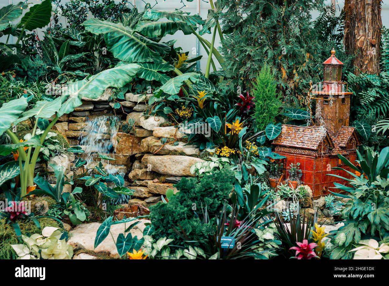 Lighthouse and waterfall models in a train display Stock Photo - Alamy