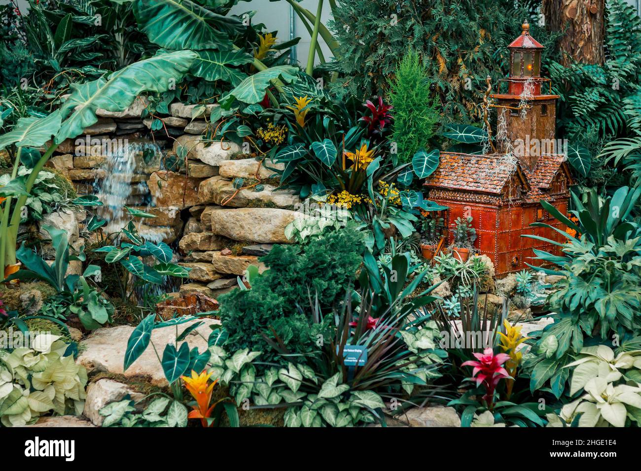 Lighthouse and waterfall models in a train exhibit Stock Photo - Alamy